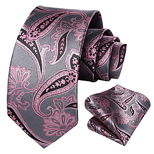 HISDERN Paisley Tie for Men Classic Extra Long Pink Ties and Pocket Square Formal Necktie with Handkerchief for Big and Tall Men Wedding