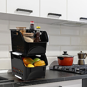 Ziglous 3 Packs Plastic Stacking Storage Baskets, Plastic Stackable Organizer Bins, Black