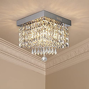 Modern Luxury Crystal Chandelier, Contemporary Raindrop Crystal Ball Square Chandelier Lighting Pendant Ceiling Lamp Flush Mount Ceiling Light Fixture Chandelier for Bedroom, Hallway of CRYSTOP