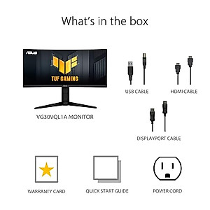 ASUS TUF Gaming 30” 21:9 1080P Ultrawide Curved HDR Monitor (VG30VQL1A) - WFHD (2560 x 1080), 200Hz (Supports 144Hz), 1ms, Extreme Low Motion Blur, FreeSync Premium, Eye Care, DisplayPort, HDMI,Black
