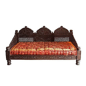 Worldcraft Industries Carved Arch DayBed. Medium Antique Finish. Twin XL Size. Handmade from Solid Mahogany Wood. Designed, Produced and Imported Indian Inspired Day Bed Sofa.