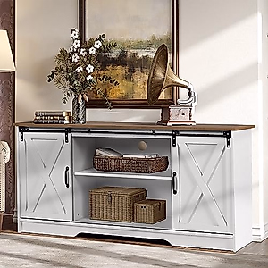 4ever2buy Farmhouse Coffee Bar Cabinet with Storage, 59’’ Kitchen Buffet Storage Cabinet with Sliding Barn Door, White Buffet Table with Adjustable Shelf, Coffee Bar Table for Living Dining Room