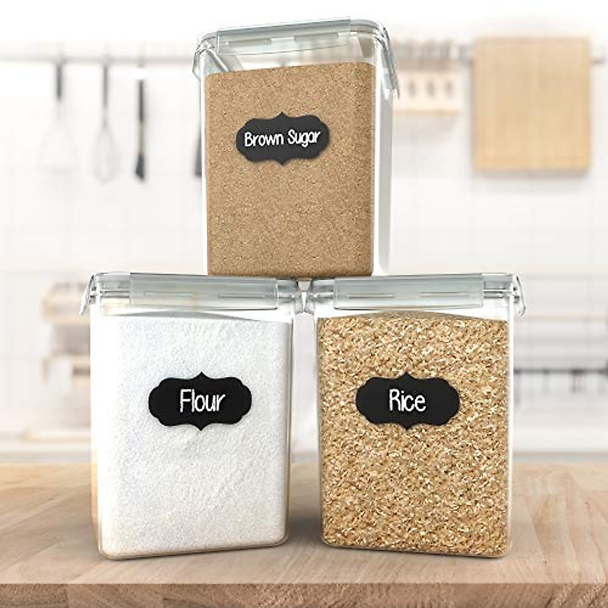 Simply Gourmet Airtight Food Storage Containers - Set of 3 Flour and Sugar Canisters for Pantry Storage and Organization - Marker & Labels Included
