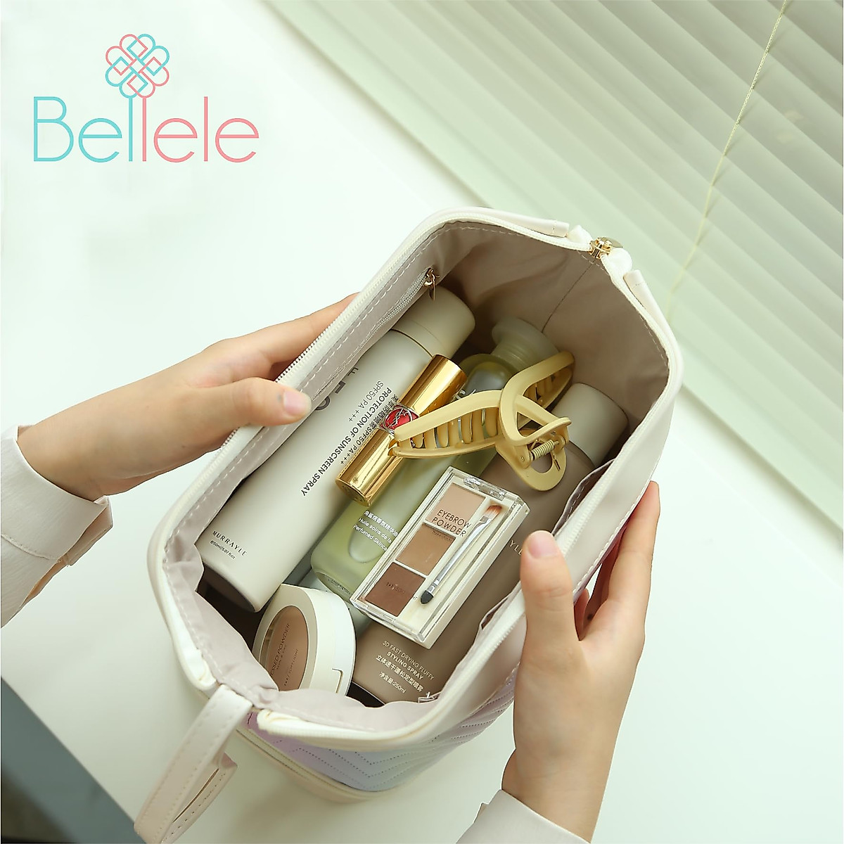 BELLELE Double Layer Cosmetic Bag, Large Makeup Bag, Bag for Women and Girls, Teen Makeup Bag, Gradient Makeup Bag, Cosmetic School Bag, Portable Leather Toiletry Bag-Purple