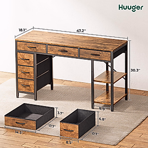 Huuger Computer Desk with 6 Drawers, 47 Inch Office Desk with Shelves, Reversible Gaming Desk, Corner Desk with Storage, Work Desk for Home Office, Study, Living Room, Rustic Brown