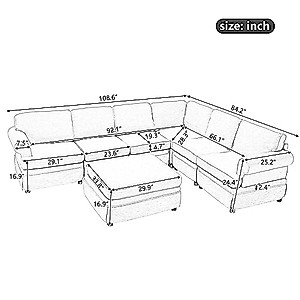 Merax 108.6" Fabric Upholstered Sectional Sofa,Modular Customizable Couch with Removable Ottoman for Living Room,Linen L U Shaped, Beige