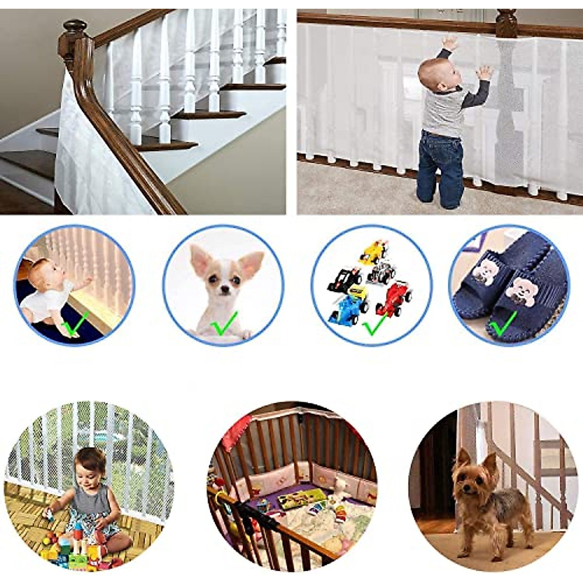 Child Safety Net, Durable Banister Guard for Baby Safety Stairs Railing Balcony Cribs, Banister Stair Mesh Baby Proofing, Easy to Install Stair Netting for Kids, Pets, Toys - (10ft Lx2.5ft H) White