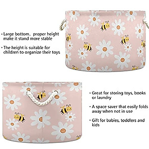 MNSRUU Storage Basket 20"x14" Daisy Flower and Bee Pink Round Storage Organizer Basket with Handles, Fabric Nursery Laundry Basket Large Capacity