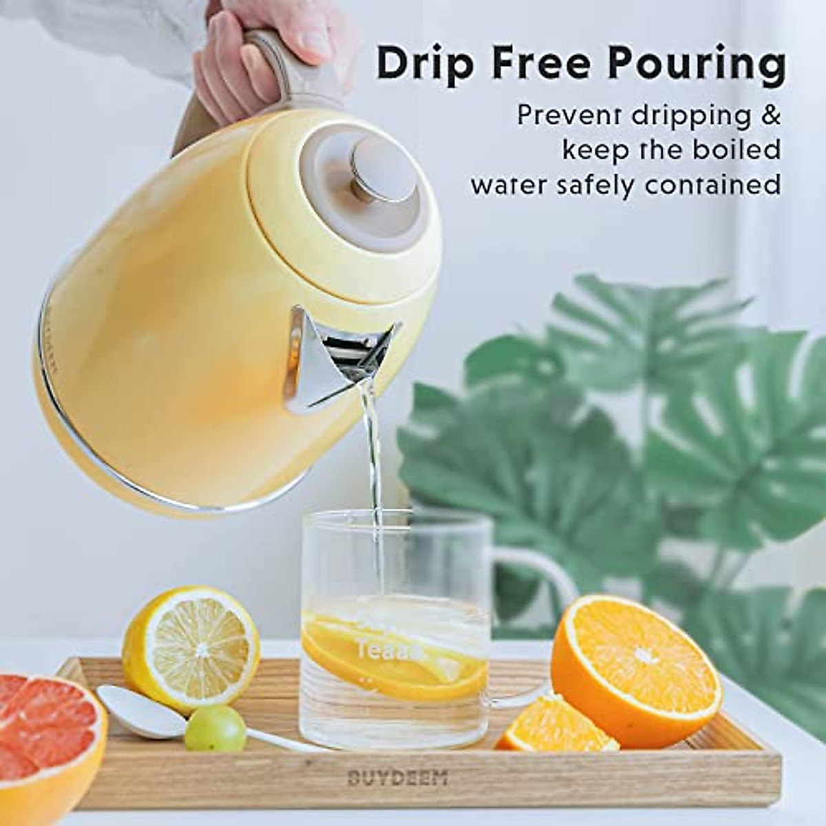 BUYDEEM K640 Stainless Steel Electric Tea Kettle with Auto Shut-Off and Boil Dry Protection, 1.7 Liter Cordless Hot Water Boiler with Swivel Base, 1440W, Mellow Yellow