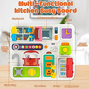 Kitchen Busy Board with Music and Lights, Toddler Travel Toys for Babies 18+ Months, Montessori Busy Board Educational Learning Activities Fine Motor Skills & Kitchen Cognition Game Board