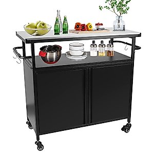 Karpevta Outdoor Grilling Table with Storage, Metal Outdoor Grill Cart with Storage and Wheels,Stainless Steel Countertop Kitchen Island Cart and Storage Cabinet for BBQ,Patio,Backyard