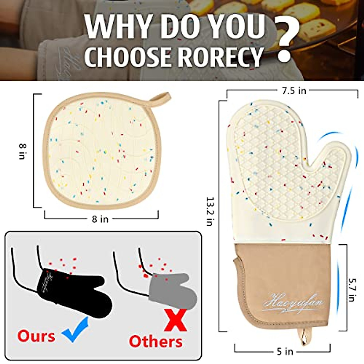 HaoYuFan Silicone Oven Mitts and Pot Holders Sets, Double Layer High Temperature Resistant Hot Pads and Oven Mitts, Cotton Lined Pot Holders and Oven Mitts Sets for Cooking, Grilling etc, Beige 3 Pcs