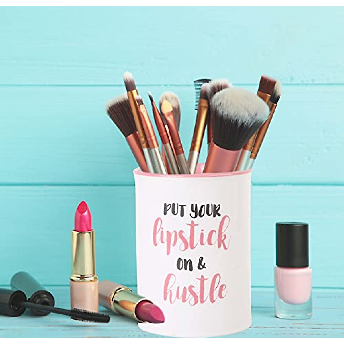 Palais Essentials bathroom decor Makeup Brush Holders Ceramic, Bathroom Accessories Make Up Cup Holder for Vanity Countertops (Lipstick Hustle, 4" Diameter)
