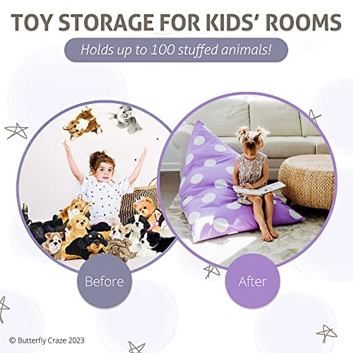 Butterfly Craze Bean Bag Chair Cover, Functional Toddler Toy Organizer, Fill with Stuffed Animals to Create a Jumbo, Comfy Floor Lounger for Boys or Girls, Stuffing Not Included, Purple Polka Dots