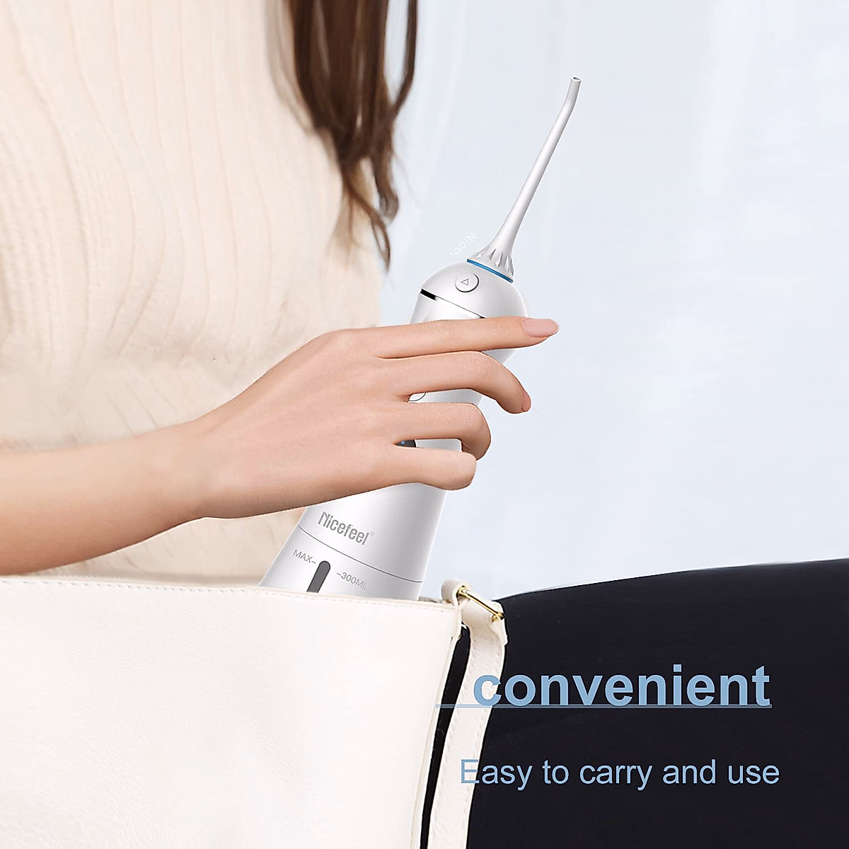 Nicefeel Portable Water Flosser Cordless Rechargeable Dental Cleaner Irrigator, with Gravity Ball, LCD Display, 300ml tank 6 Modes 4 Jet Tips, and IPX7 Water proof for Travel & Home & Braces