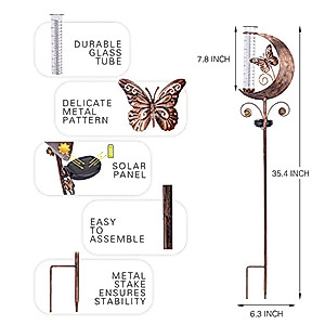 Rain Gauge Outdoor, 35 Inch Solar Powered Metal Butterfly and Moon Garden Stake with Glass Tube for Garden Yard Deck Outdoors Fence Decoration