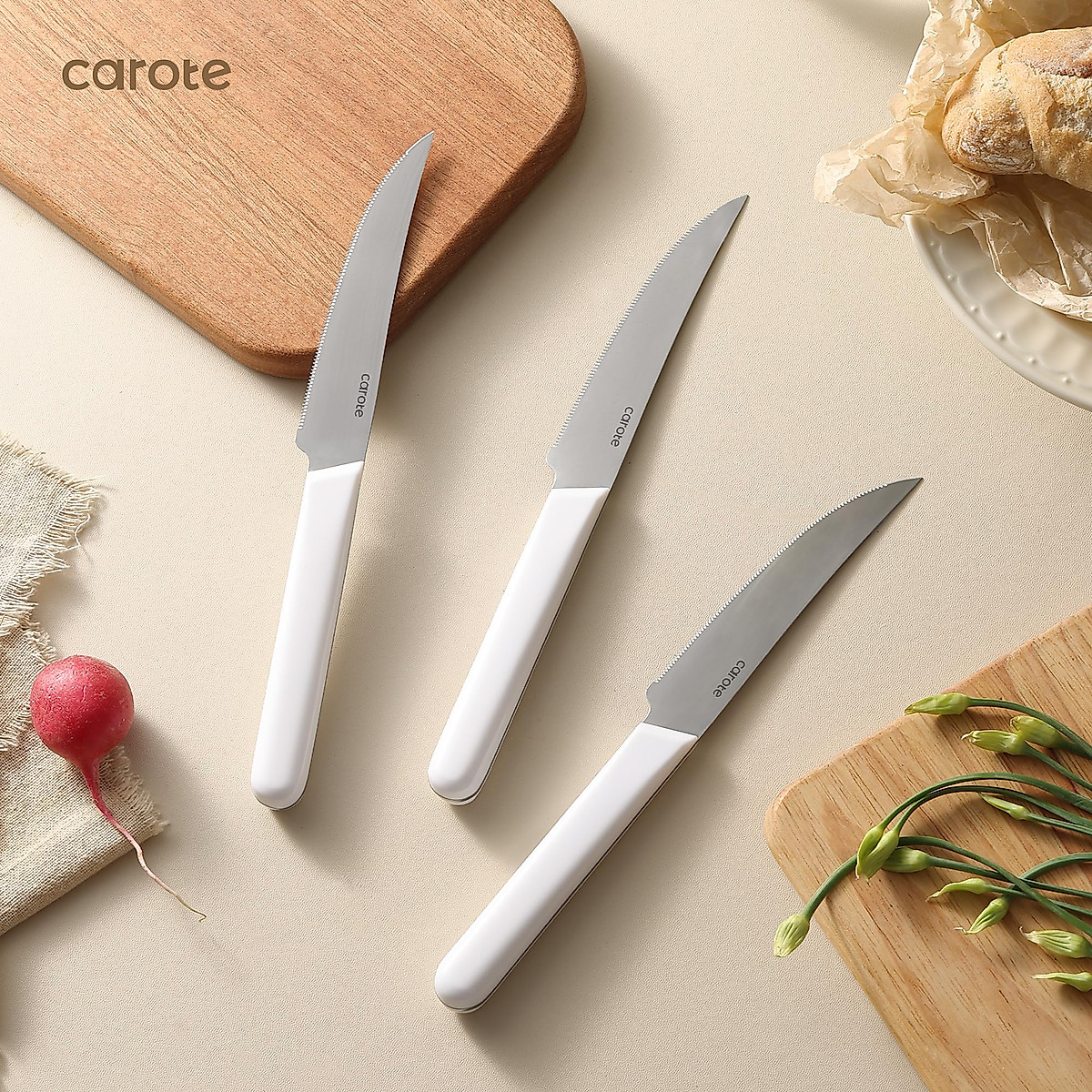 CAROTE 12PCS Knife Set, Stainless Steel Kitchen Knife Set with Drawer Store Kinife Organizer, Cutlery Knife Set with Block, Dishwasher Safe, White (Include Knives)