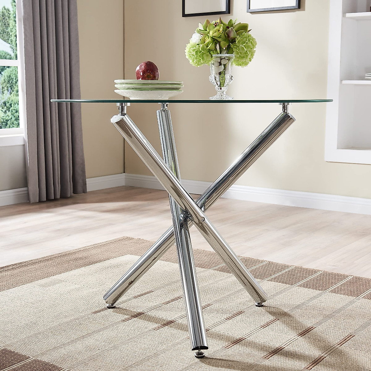 Modern Round Dining Table with Clear Tempered Glass Top, 3 Chrome Legs Kitchen Table for 2 or 4 Person,Round Dining Table Furniture for Home Office Kitchen Dining Room(W 35.4 x L 35.4 x H 29.5 inch)
