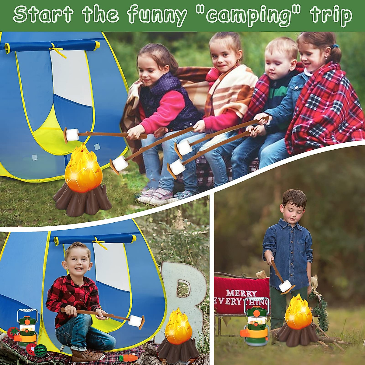 MITCIEN Kids Play Tent with Campfire, Toddlers Camping Set, Oil Lantern with Sound, Cut Up Fruits, Marshmallow, Skewers, Pretend Camping Toys for 3 4 5 6+ Year Old Boys and Girls