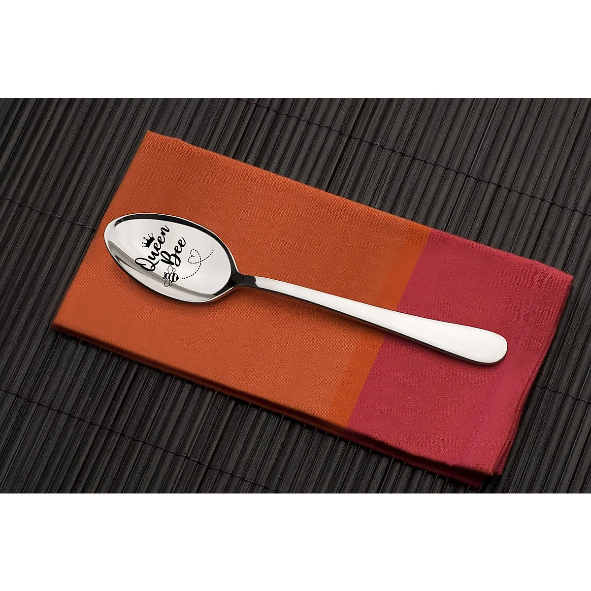 Ptzizi Funny Queen Bee Engraved Stainless Steel Gourmet Spoon Dessert Honey Spoon, Best Birthday Thanksgiving Anniversary Christmas Gifts for Teen Girls Sister Friends Women, Silver, 1.3x7