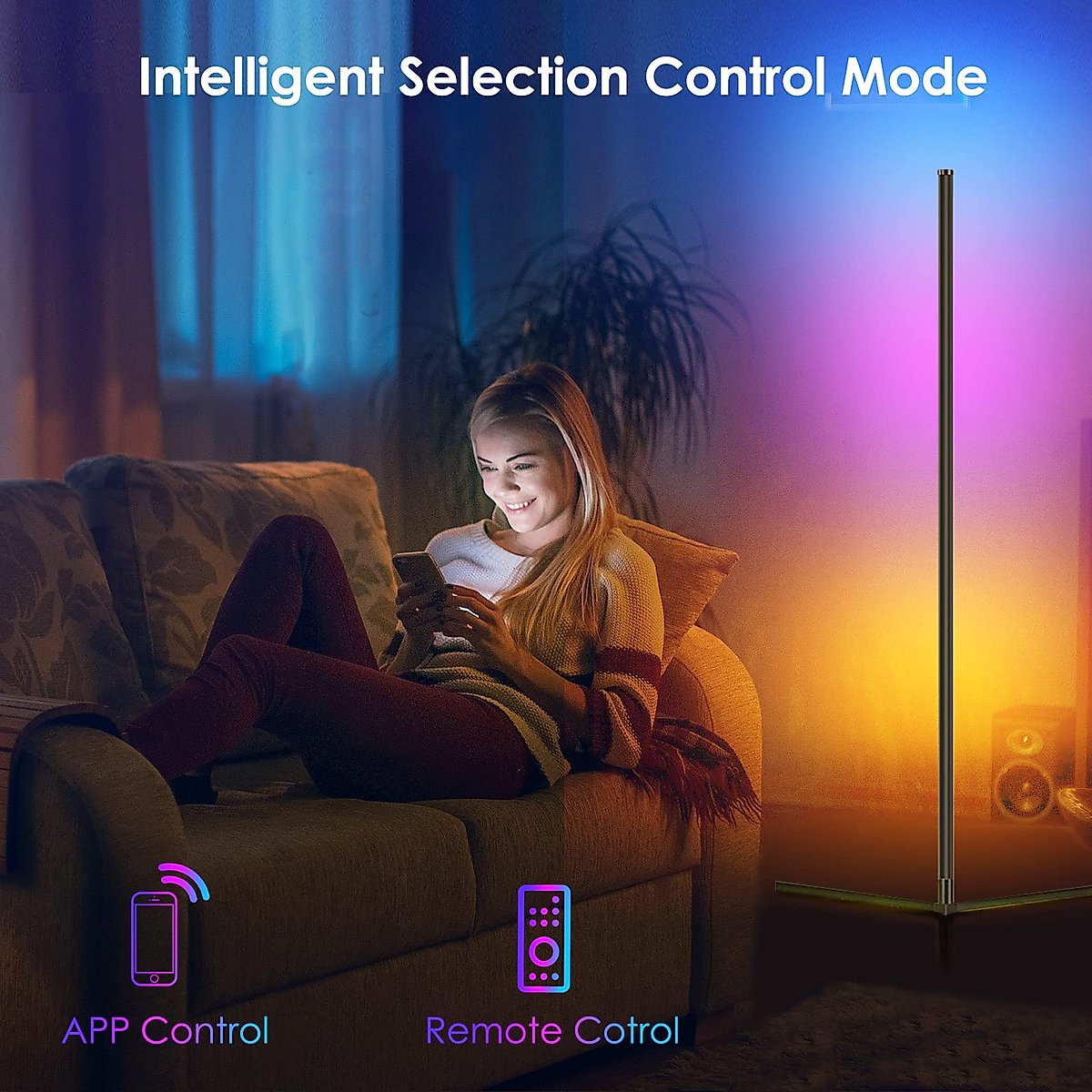 RGB Corner Floor Lamp, Corner Floor Lamp RGB Color Changing Corner Lamp LED Modern Floor Lights with Bluetooth APP and Remote Control Music Sync, 65" RGB Mood Lighting 24H Timing 398+ DIY Modes