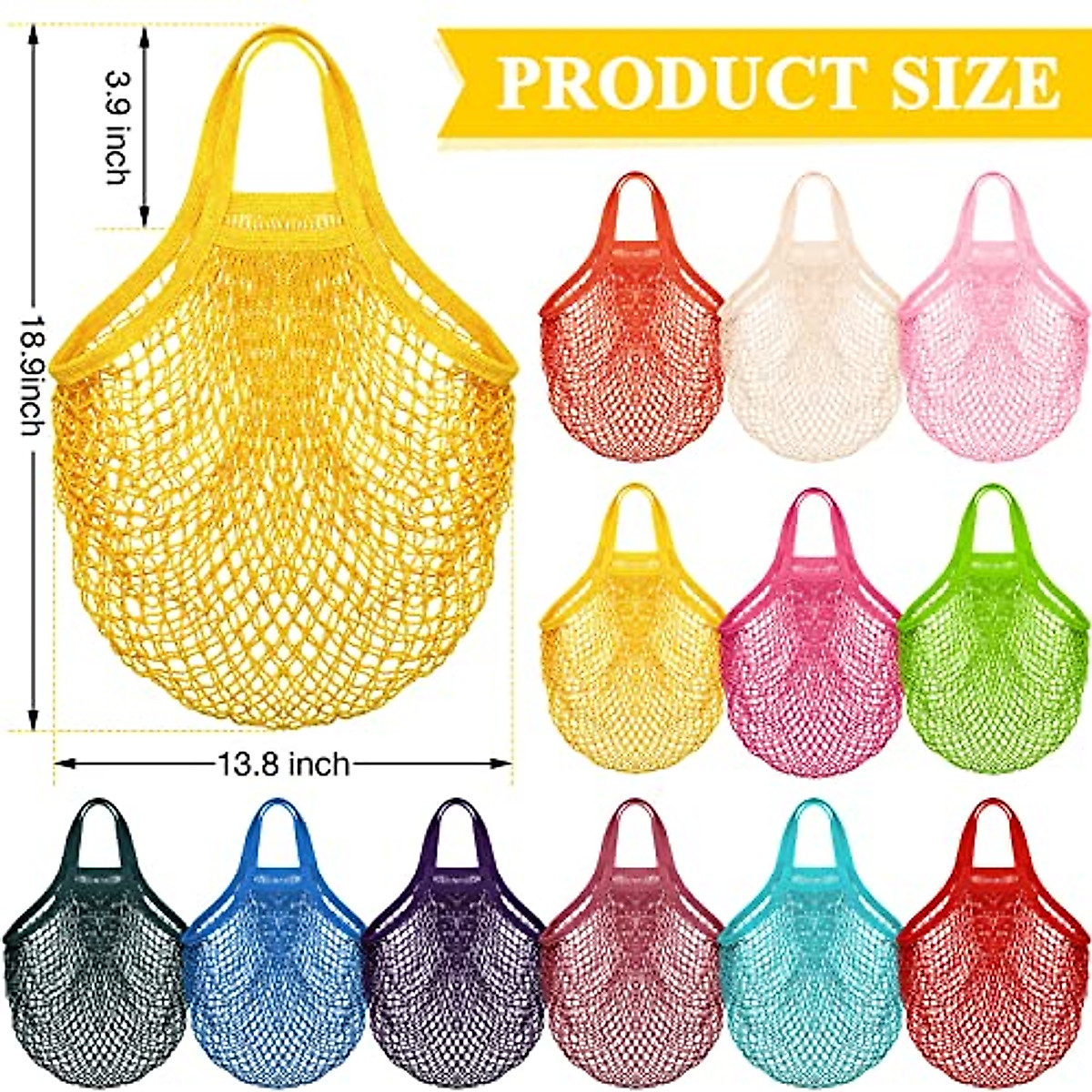 12 Pack Reusable Mesh Grocery Bags Large Crochet Market Bag Cotton Kitchen Netted Tote Bag Grocery Shopping Produce Bag Net Beach Bag for Fruit Vegetable Food Storage Organizer, 12 Colors