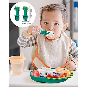 Maxdot 9 Pcs Baby Silicone Plates with Suction Divided Placemat Dish with Spoon Fork Set Toddler Plates Baby Plates and Utensils Set Kids Self Feeding Training Supplies, Dinosaurs, Crab, Hippo