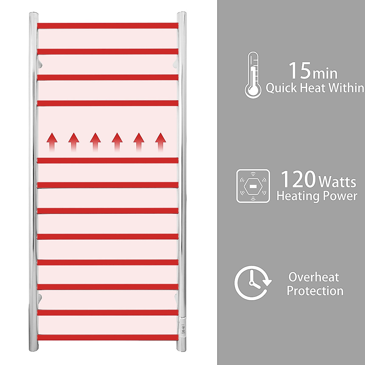 KEG Towel Warmer Wall Mounted with Built-in Timer 12 Bars Electric Stainless Steel Heated Towel Racks for Bathroom, Hot Plug-in Bath Towel Heater Polish Chrome