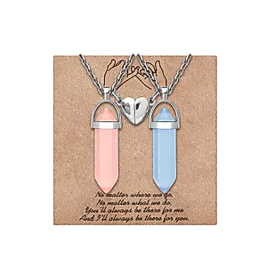 MJartoria BFF Necklace for 2 Crystal Charms Best Friend Necklace Matching Pendant Friendship Necklace for Couples Gifts (Blue+Pink, Matching Heart)