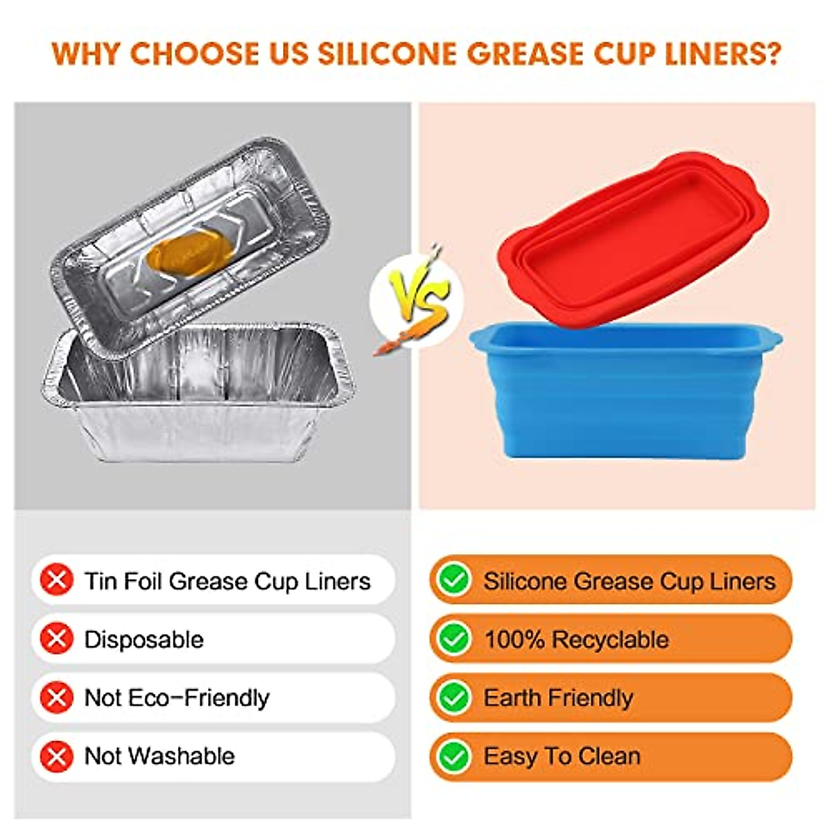 MEITOUFATU 2PCS Silicone Grease Cup Liners for Blackstone, 8x3x3.7inch Reusable Drip Pan Grease Compatible with Blackstone Most Grills Griddle Accessories Red + Blue