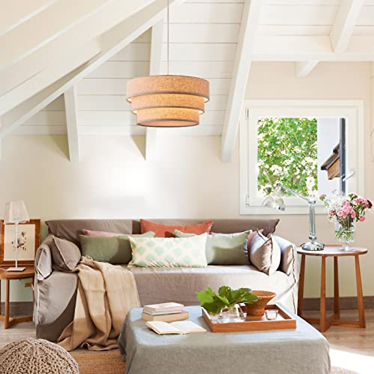 Yifi Deco Modern Pendant Ligh,13.4" Drum Hanging Lamp Fixture with 3-Tier Linen Fabrics Lampshade, Elegant Pendant Lighting for Dining Room, Bedroom, Kitchen Island, Entryway, Hallway