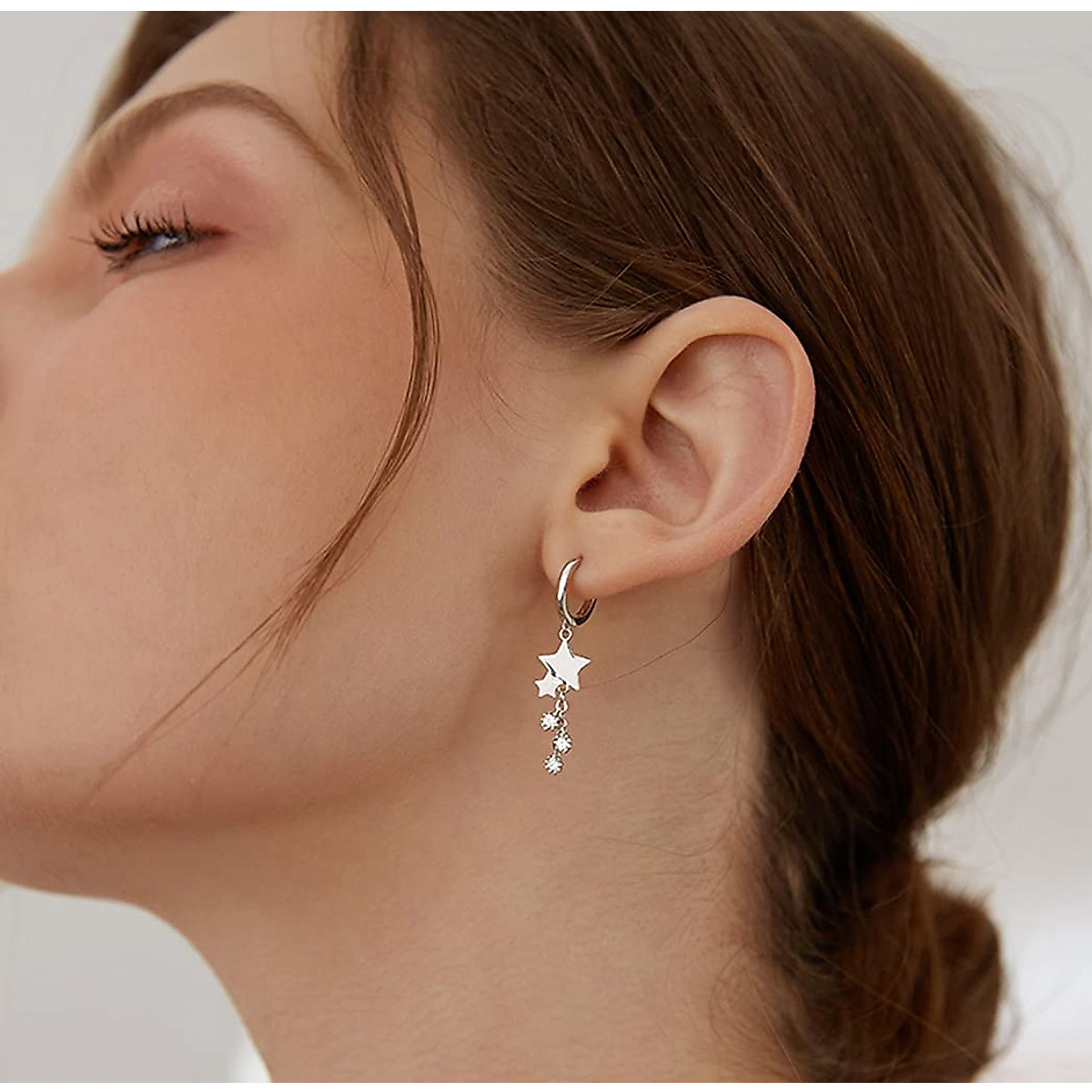 SLUYNZ 925 Sterling Silver Star Dangle Hoop Earrings for Women Star Hoop Earrings Droplet Dangle (A-Silver)