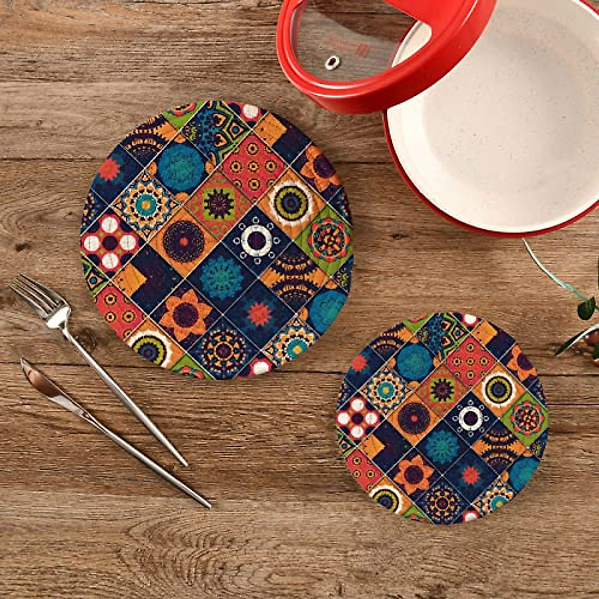 Kigai Classical Nation Flower Pot Holders Trivets Set 2 Pcs,Round 100% Cotton Braided Hot Pads for Hot Dishes Hot Pots and Pans/Kitchen Trivets