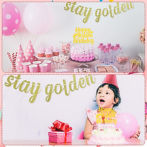 Happy Golden Birthday Cake Topper, Stay Golden Glitter Banner Gold Birthday Decorations Golden Girls Party Supplies Golden Birthday Gifts Hanging Garland for Boys Girls Birthday Baby Shower Party