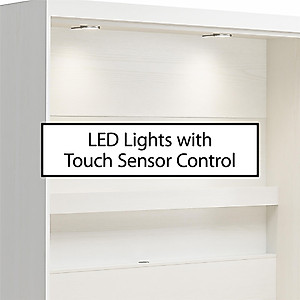 REALROOMS Radiance Queen Size Wood Fold Out Murphy Wall Bed with Gallery Shelf and Touch Sensor LED Lighting Space Saving Bedframe for Bedroom and Guest Room, White