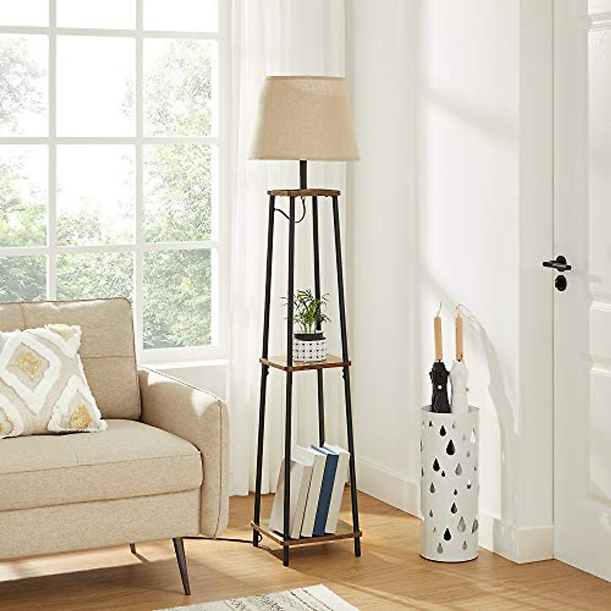 VASAGLE Floor Lamp with Shelves, Standing Reading Lamp with Lamp Shade, for Living Room, Bedroom, Bulb Not Included, Rustic Brown and Black ULFL012B01