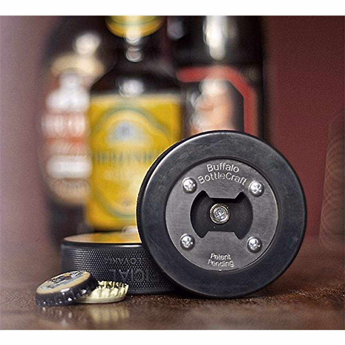 Buffalo BottleCraft USA Bottle Opener, Made from a Real Hockey Puck, American Flag, Magnetic Cap Catcher, Coaster