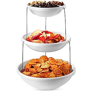Collapsible Bowl, 3 Tier - The Decorative Plastic Bowls Twist Down and Fold Inside for Minimal Storage Space. Perfect for Serving Snacks, Salad and Fruit. The Top Bowl is Divided into Three Sections.