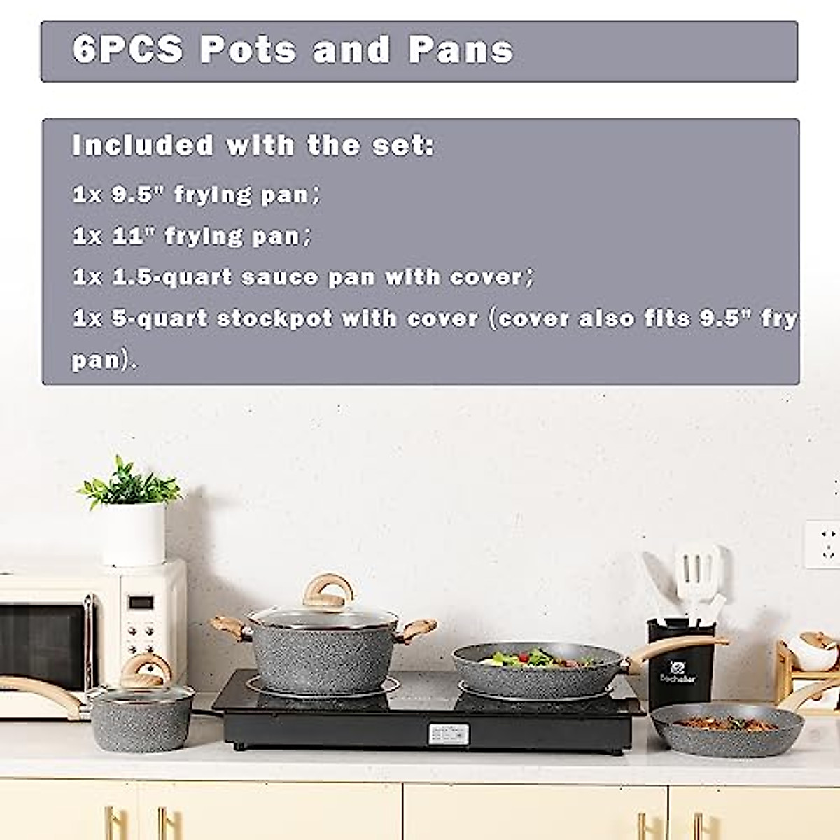 Vkoocy Gray Pots and Pans Set Non Stick, Ceramic Cookware Set Kitchen Cooking Sets Induction Pot and Pan w/Frying Pans, Saucepans, Casserole, Non-Toxic, PTFE/PFOA/PFOS-Free