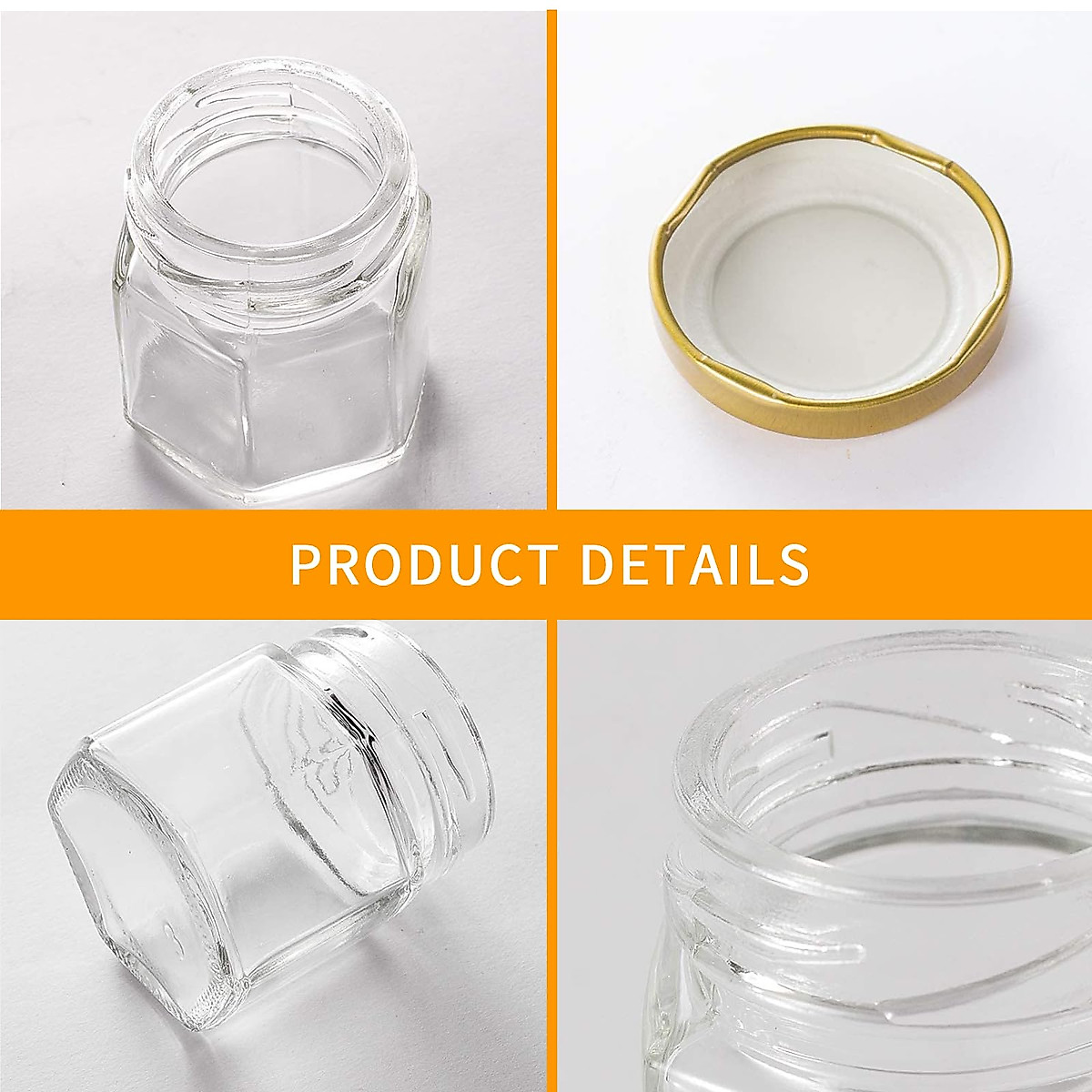 XING-RUIYANG 1.5 oz Glass Honey Jar- Small Hexagonal Honey Jars with Wooden Dipper Gold Lid Bee Charms Gold Gift Bags and Rope for Baby Shower Wedding Party Favors (50 PACK)
