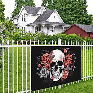 Large Skull and Floral Banner 47x71 Inches, Outdoor Party Wall Decorations Gifts, Pink Flowers Indoor Theme Hanging Backdrops for Photography Supplies