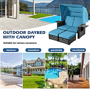 LEISU Outdoor Patio Furniture Sunbed with Retractable Canopy, PE Wicker Rattan Rectangle Sectional Sofa Set Clamshell Sectional Seating with Washable Cushions for Lawn Garden Backyard Poolside (Blue)