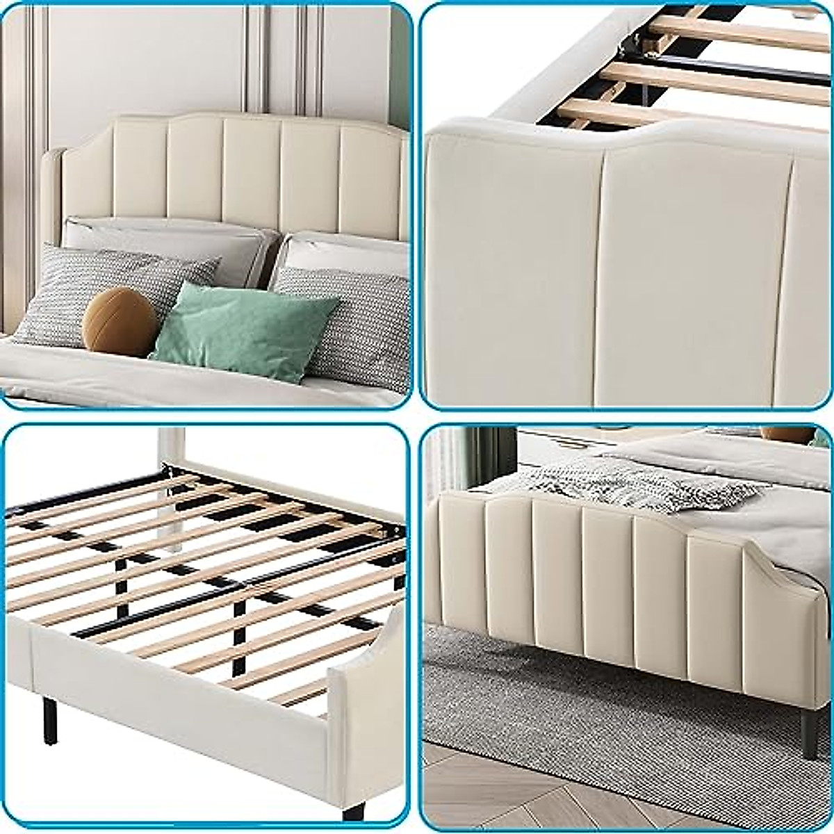 Queen Size Velvet Upholstered Platform Bed Frame with Comfortable Headboard, Modern Elegant Platform Bed with Sturdy Wood Slats Support & Footboard for Bedroom Girls, No Box Spring Needed (Beige)