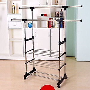 Clothes Garment Rack Clothing Rack Double Bar Adjustable Garment Racks Rolling Clothes Organizer Vertical and Horizontal Stretching Hanging Rod Stand Clothes Rack with Shoe Shelf and Wheels
