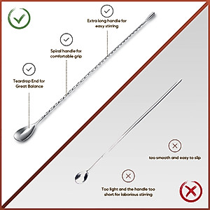 Roshtia 4 Pcs 15.7 Inches Bar Spoon Stainless Steel Cocktail Stirrer Mixing Spoon Spiral Pattern Bar Spoon for Cocktail Shaker Tall Cups