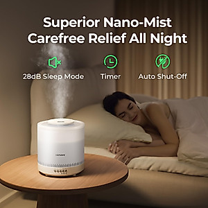 Homvana Small Humidifiers for Bedroom, 1.8L Cool Mist Top Fill Humidifier for Baby Nursery, Essential Oil Diffuser, 3 in 1 for Home Plants Offices and Grow Tents, 7 Color Nightstand Light, Ultrasonic