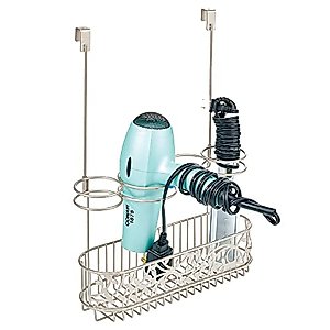 mDesign Bathroom Over the Cabinet Door Hair Care & Styling Tool Organizer Storage Basket for Hair Dryer, Flat Iron, Curling Wand, Hair Straighteners, Brushes - Matte Satin