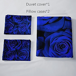 AILONEN Blue Roses Duvet Cover Set Queen Size, Romantic 3D Floral Printed Bedding Set for Lovers,Couple,Wife,Blue Luxury Comforter Cover for Bedroom Decor,1 Duvet Cover 2 Pillowcases,3-Piece