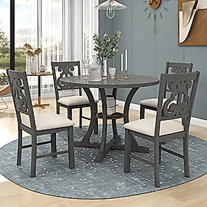 EMKK 5 Piece Round Table, Fabric Chair Vintage Style Home Furniture 42" Beautifully Designed Diningroom Hollow Back and Storage Shelf, 4-Seater Dining Set, Gray