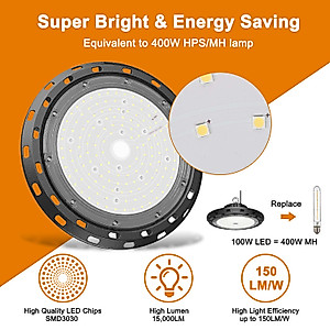 LED High Bay Light 100W 15,000lm 5000K Daylight 400W MH/HPS Equivalent with US Plug 5’ Cable UFO LED Shop Lights Commercial Warehouse Workshop Garage Factory Lowbay Area Lighting Fixture, Non-Dim